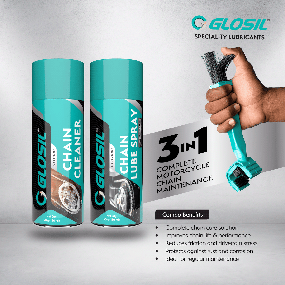 Glosil 3-in-1 Bike Chain Care Kit | Chain Cleaner 140mL + Chain Lube 1